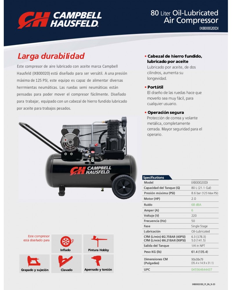 Compresor De Aire 80L 1.8Hp Campbell Hausfeld IX800020DI